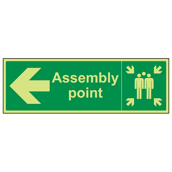 GITD Assembly Point, Arrow Left | Safety Signs 4 Less