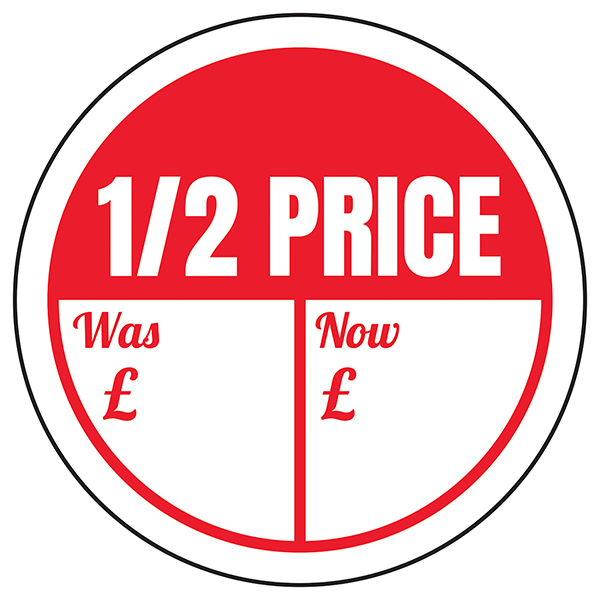 1 / 2 Price - Was / Now Circular Labels On A Roll | Sale & Promotional ...